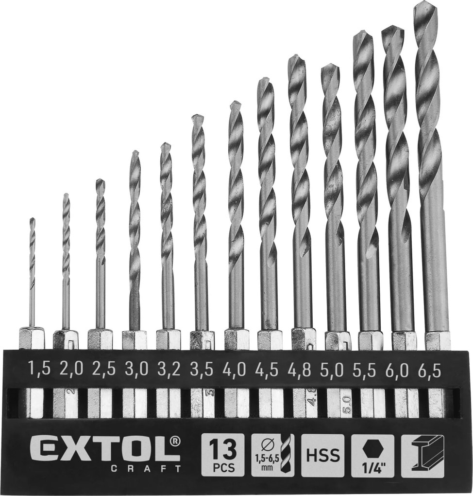 Sada vrtáku do kovu s 6-ti hranou stopkou EXTOL CRAFT ø 1,5-6,5 mm (13ks)