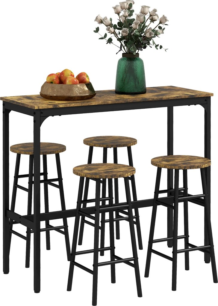 HOMCOM Obdélníkový stůl se 4 židlemi a 4 podnožkami z MDF a oceli, podnožky Ø30x60 cm a obdélníkový stůl 105x40x90 cm, černý a rustikální hnědý | Aoso