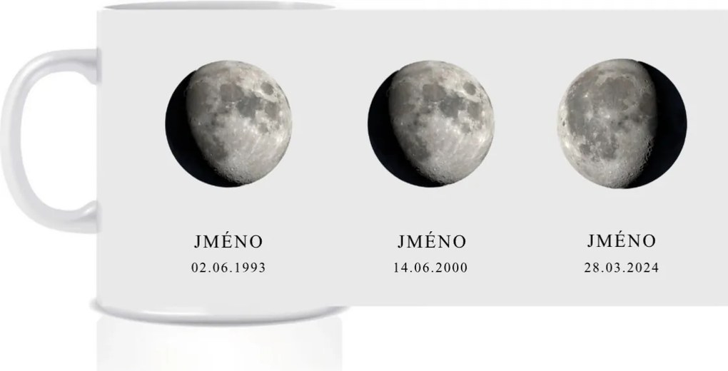 Personalizovaný klasický bílý hrníček 300 ml s měsíční fází rodiny (2-5 členů rodiny)