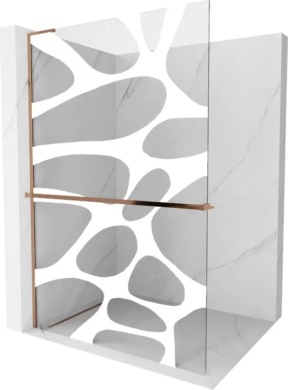 Mexen Kioto+ L, sprchová zástěna Walk-In s poličkou a věšákem 90 x 200 cm, 8mm čiré sklo bílý vzor, růžové zlato profil, 800-090-123-60-97