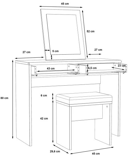 Toaletní stolek JUNO + taburet 45x29,6 cm hnědá/černá