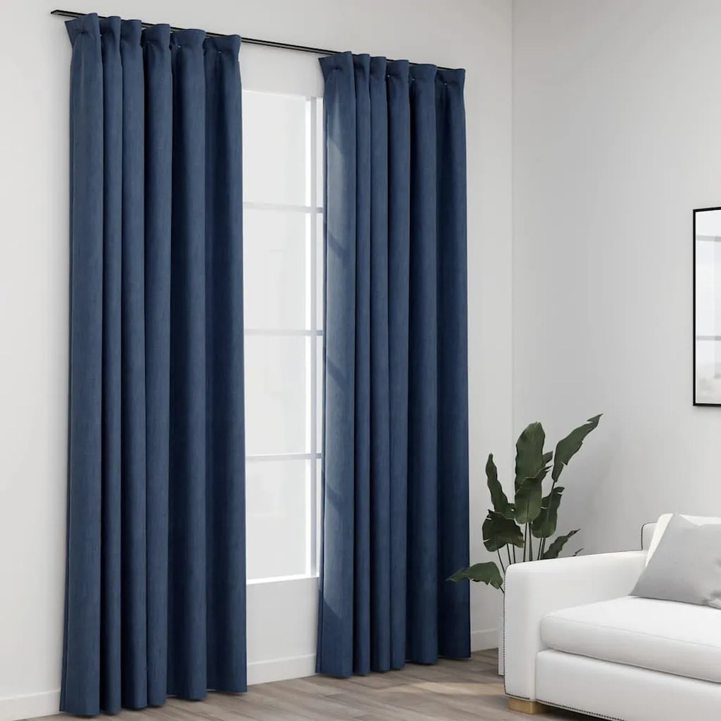 Zatemňovací závěsy s háčky vzhled lnu 2 ks modré 140 x 225 cm 321181