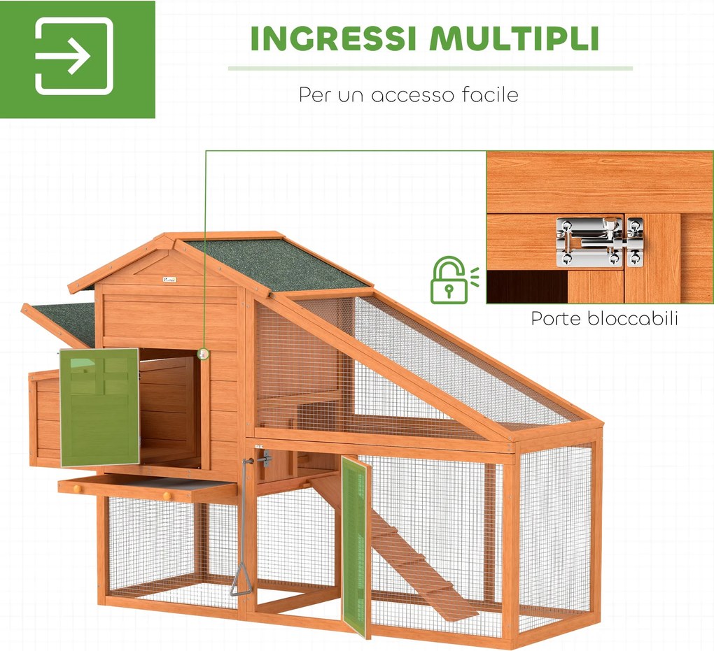 PawHut Zahradní Kurník pro 1-2 Slepice s Hnízdící Oblastí, Domem a Otevřeným Prostorem, Kurník z Modřínového Dřeva a Kovových Materiálů, 179x67x115 c…