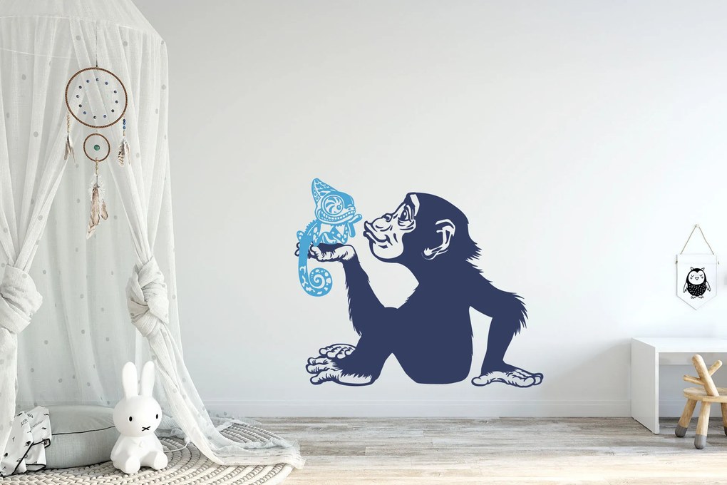 Lepy.cz Samolepka na zeď Safari - Opice s ještěrkou Velikost (šířka x výška): l00x85cm, Kombinace barev sety: Světle modrá + světle žlutá