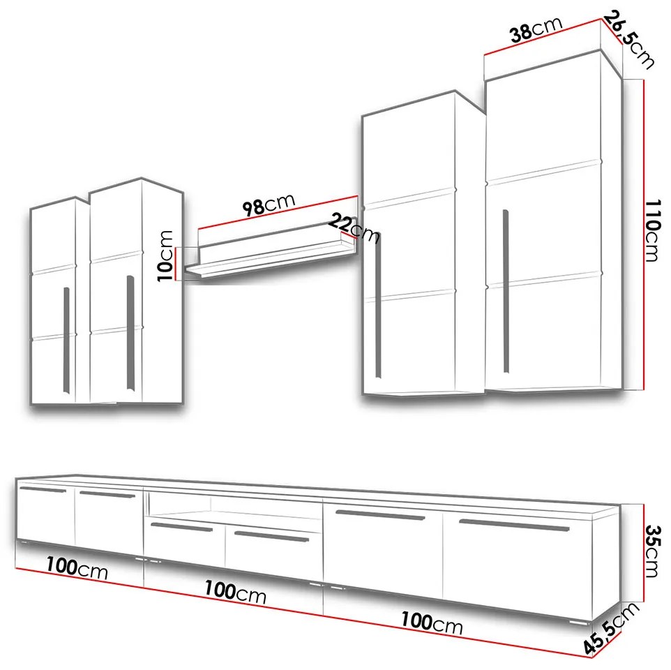 Obývací stěna s LED osvětlením ANTRIM - černá / lesklá černá