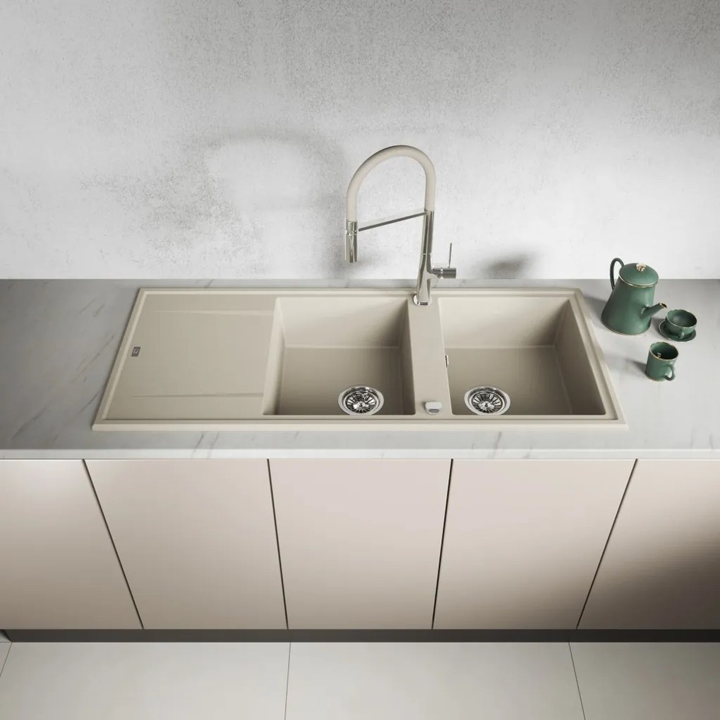 Laveo Megalo, 2-komorový granitový dřez 1160x500x185 mm s dlouhým odkapávačem, béžová, LAV-SBE_421T