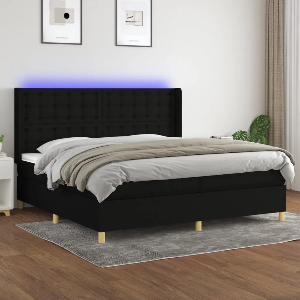 Box spring postel s matrací a LED černá 200x200 cm textil 3139223