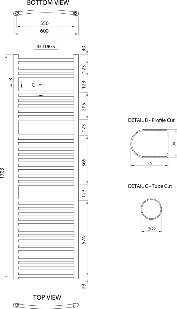 Aqualine ALYA otopné těleso oblé 600 x 1703 mm chrom LLC205