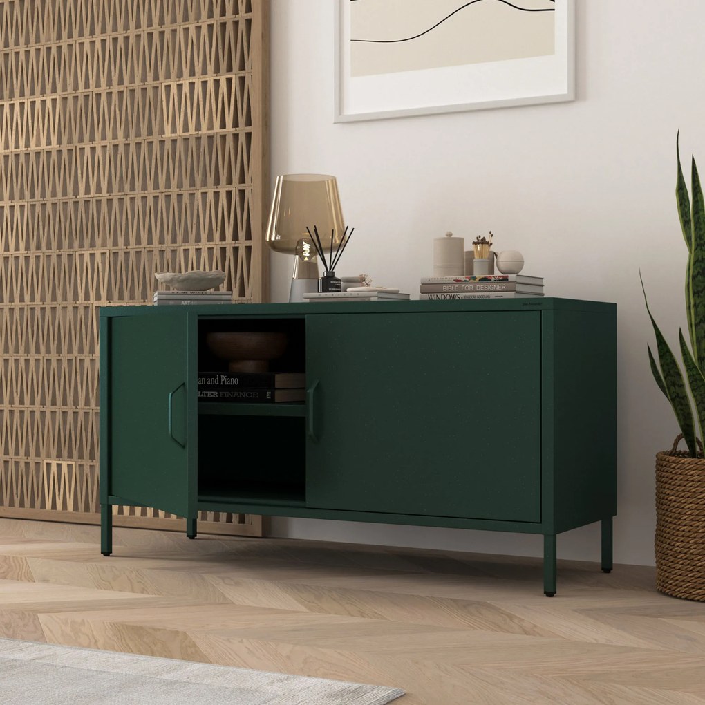 TV skříňka kovová na nožičkách lahvově zelená, 1150x595x400 mm: ROSA Modern