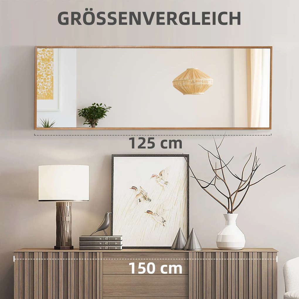 HOMCOM Celoplošné zrcadlo na zeď 125x45cm s dřevěným rámem v přírodní barvě do šatní skříně, předsíně nebo ložnice