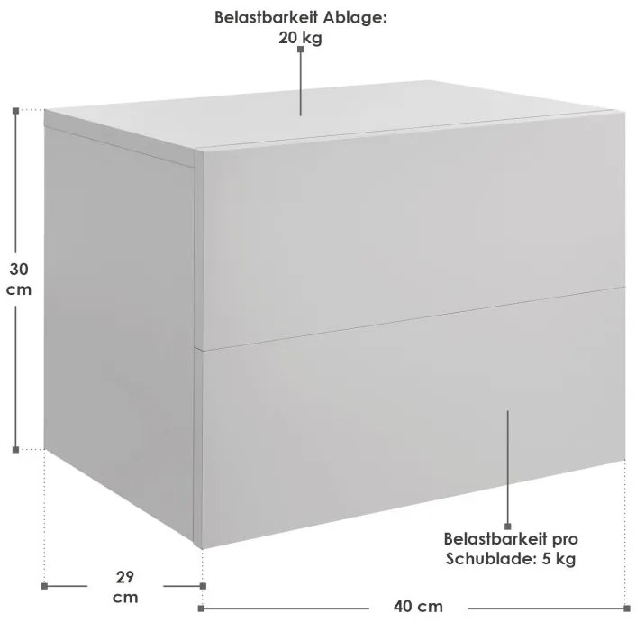 Závěsný noční stolek 40x29x30 cm, 2 zásuvky, bílý