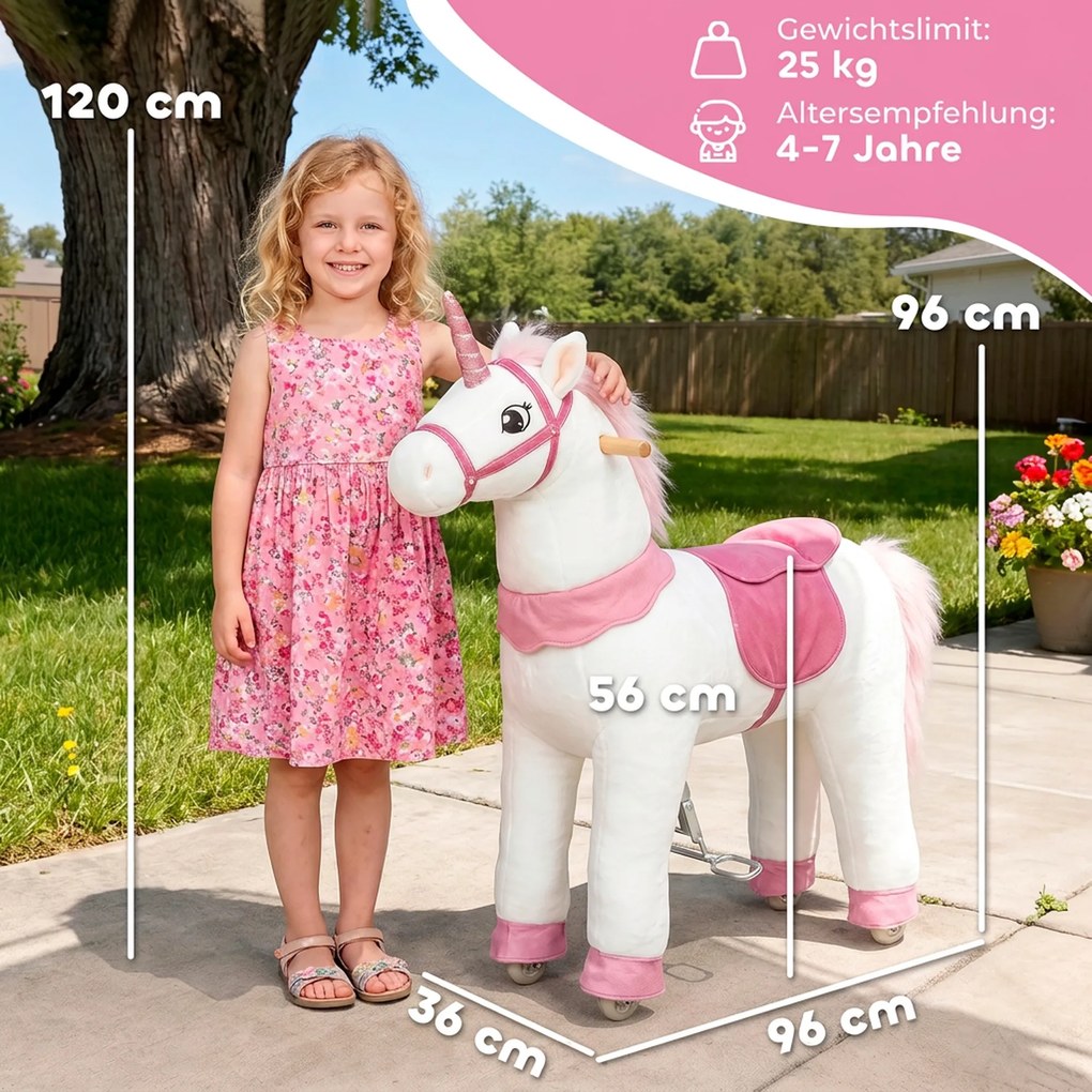 AIYAPLAY Jezdící kůň pro děti, Design jednorožce, látkový potah, stabilní rám, hladká kolečka, houpací kůň, 3-5 let, Bílá