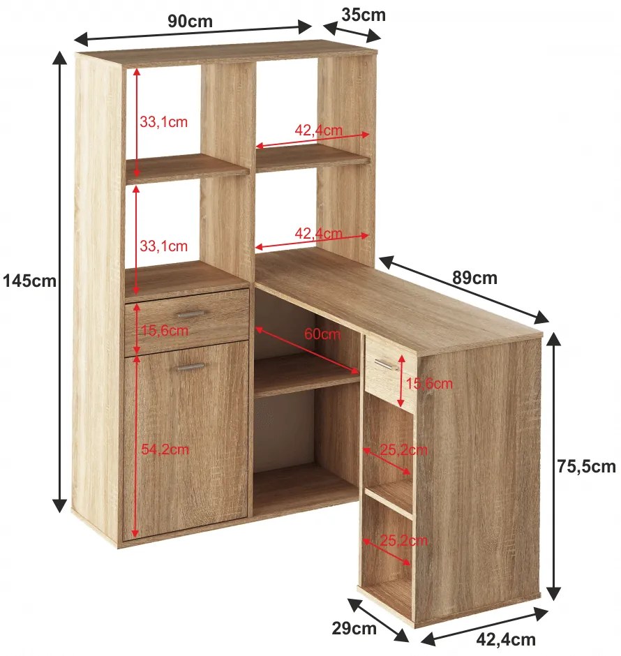 Kondela PC stůl s regálem, dub sonoma, MINESON