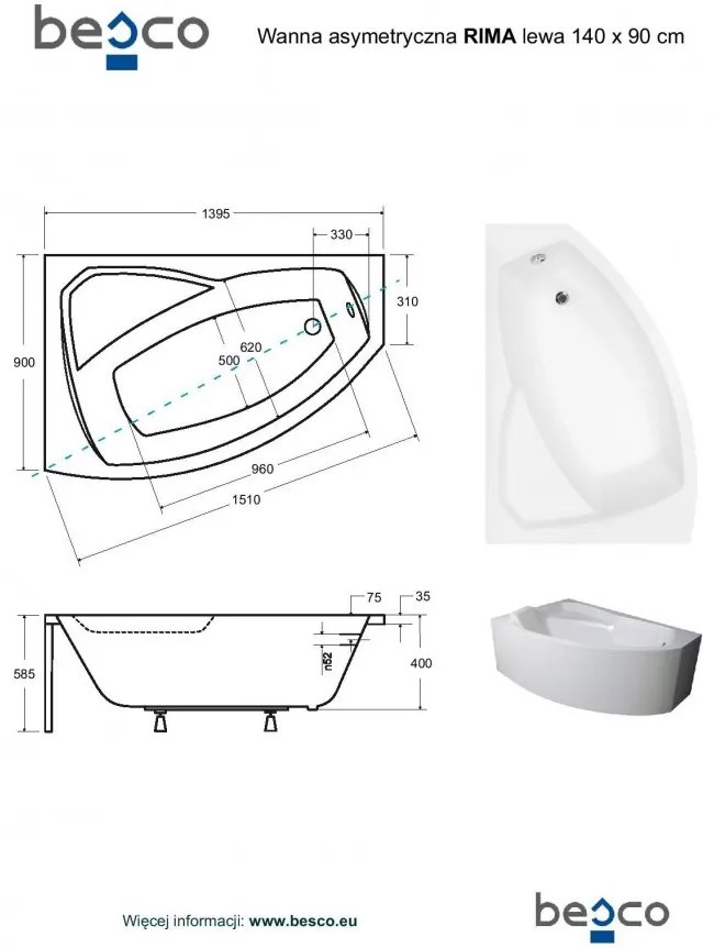 BESCO Asymetrická vana RIMA Nožičky k vaně - Bez nožiček, Rozměr vany - 140 × 90 cm, Způsob provedení - Levé VANRIM140L