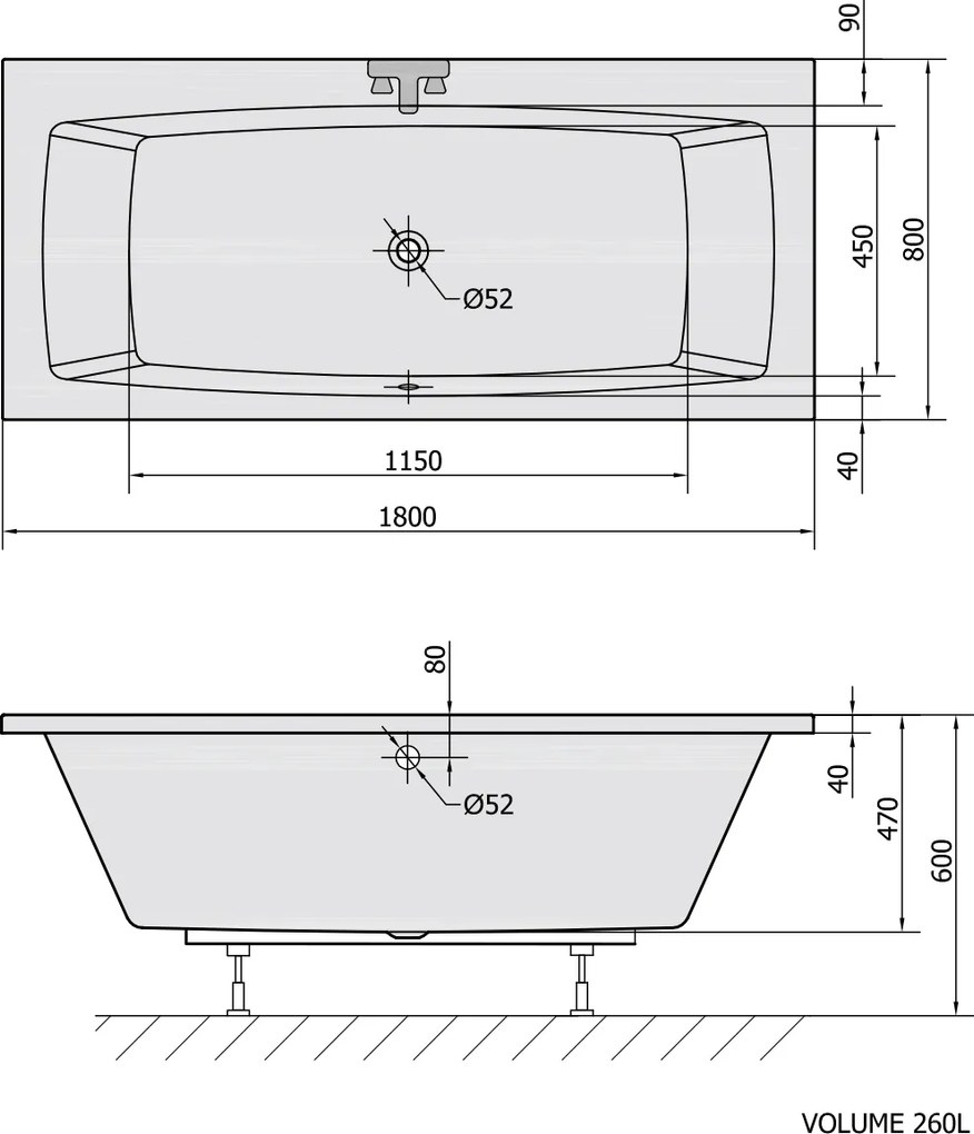 Polysan, KVADRA obdélníková vana 180x80x47cm, bílá, 17611