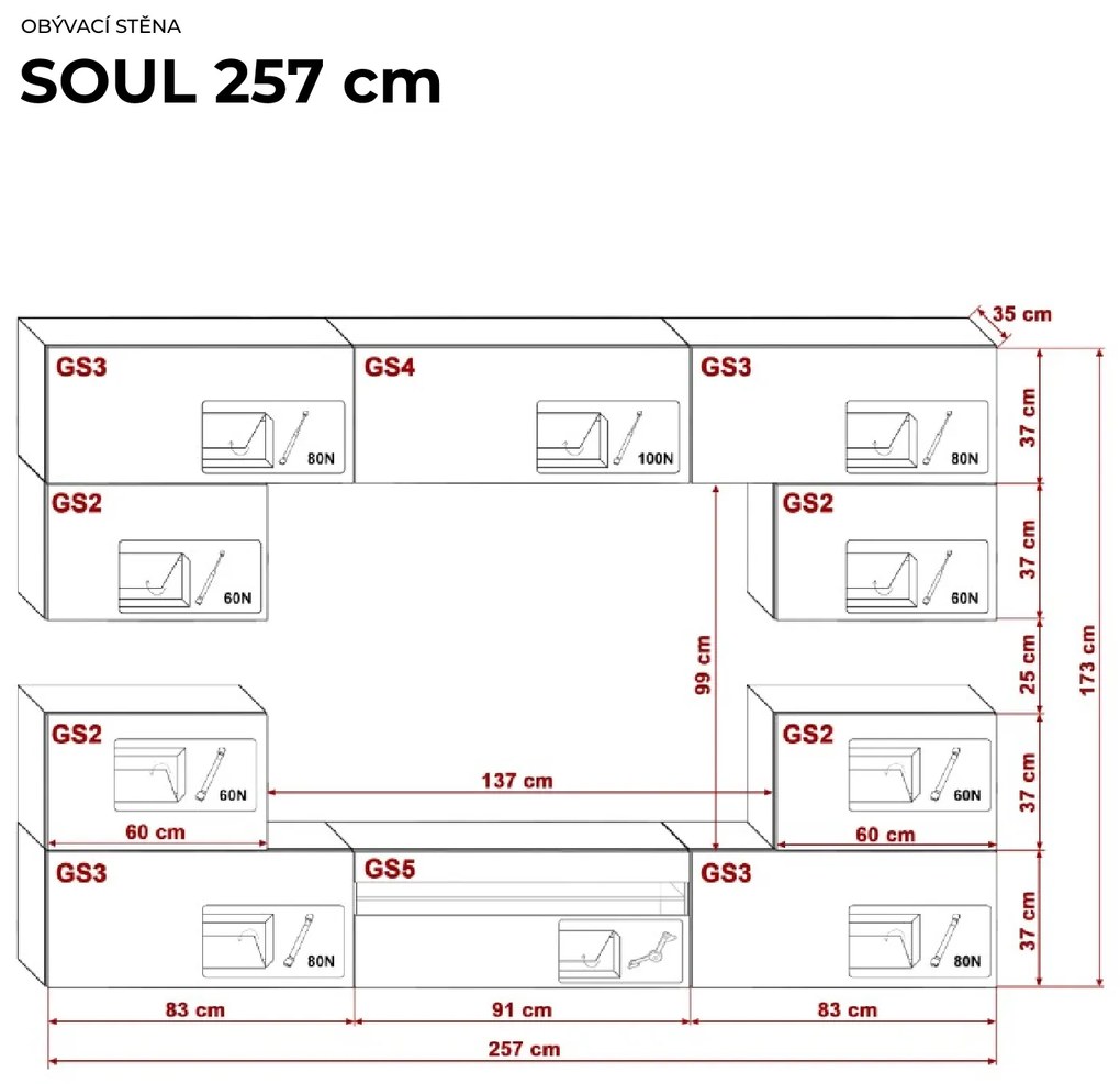 Ral Obývací stěna SOUL 257 cm - Bílý lesk