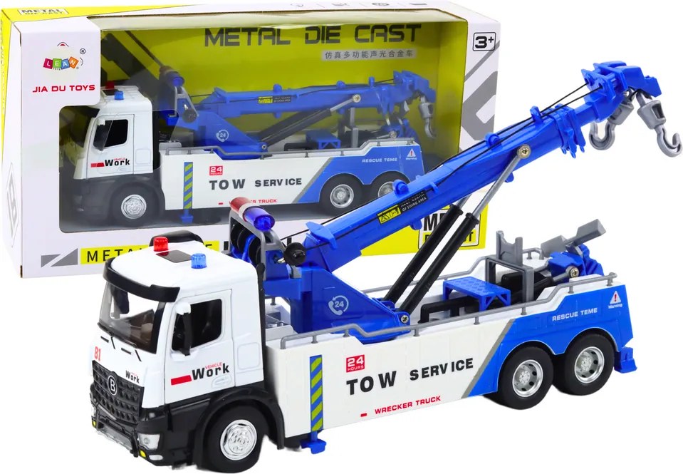 LEAN Toys Nákladní auto s jeřábem, dvěma háky, kovové, bílo-modré, světla a zvuky