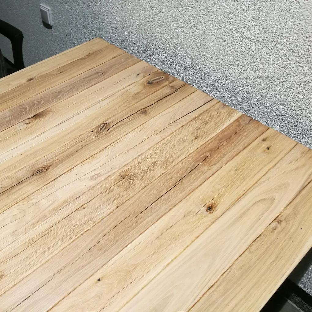 KULHÁNEK Zahradní stůl z dubových trámů a oceli Odstín nátěru: lazura - dub, Odstín podnože: černá s jemnou strukturou - JS RAL 9005