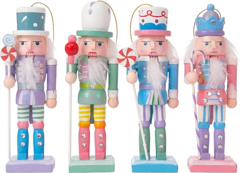 Sada 4ks dřevěných vánočních ozdob Louskáček se sladkostmi - 3*12cm