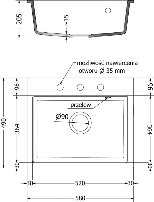 Mexen Oscar granitový dřez 1-komorový 580 x 490 mm, bílý, sifon zlatý - 6519581000-20-G