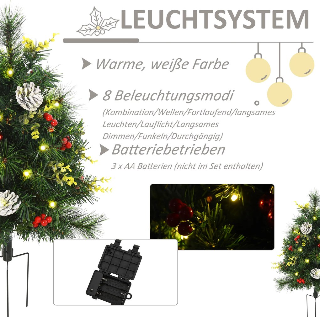 HOMCOM Sada 2 vánočních stromků, umělý mini vánoční stromek s LED světly, plast, kov, rozměry 33 x 75 cm, zelená