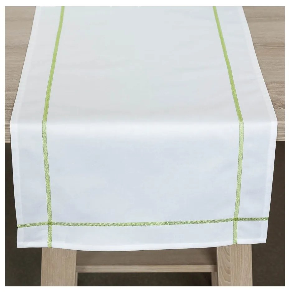 Veba běhoun garbo s ozdobným zeleným šitím - bílá 40x160 nešpinivá úprava