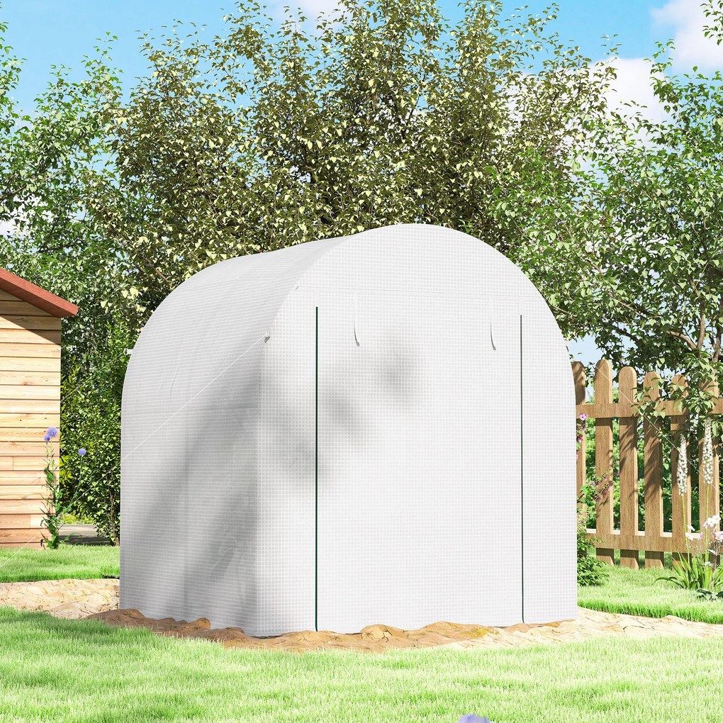 Zeleninový skleník Outsunny 180x180x200 cm Malý tunelový skleník s rolovacím dveřmi a oknem pro pěstování rostlin a květin Bílá