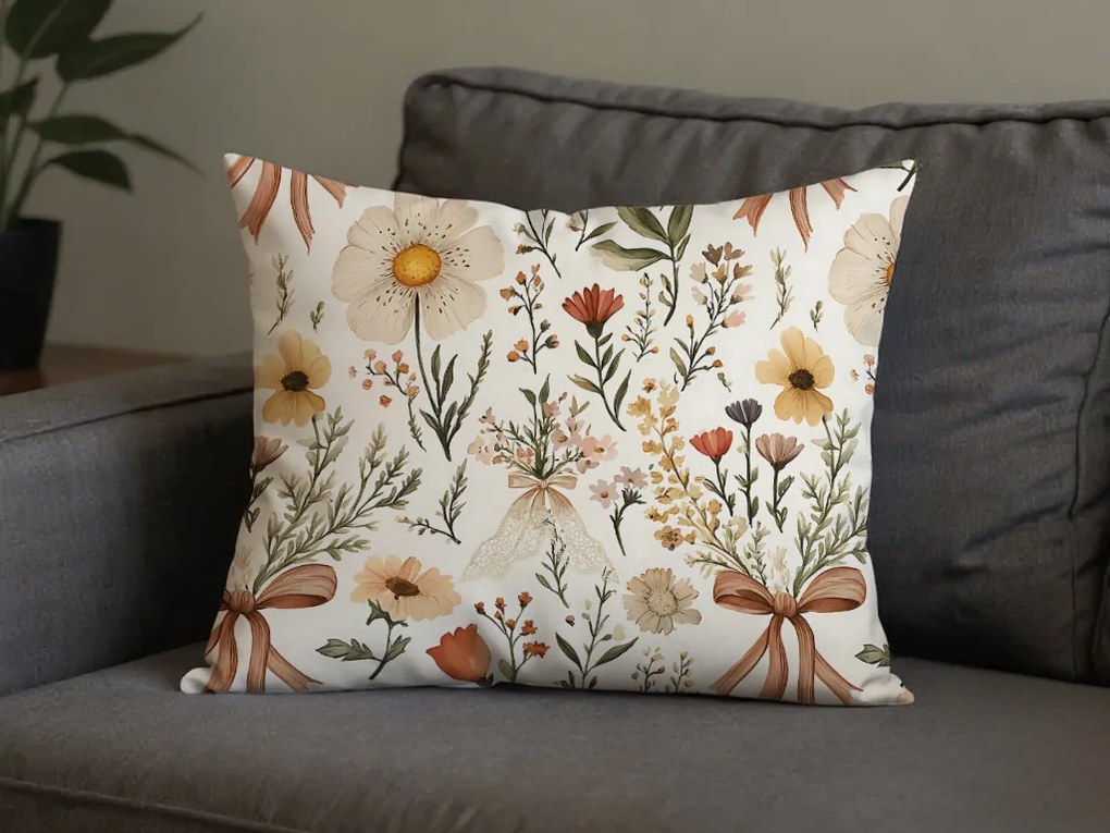 Polybavlněný povlak na polštář FLORAL RIBBON POLY 50x70 cm, krémový