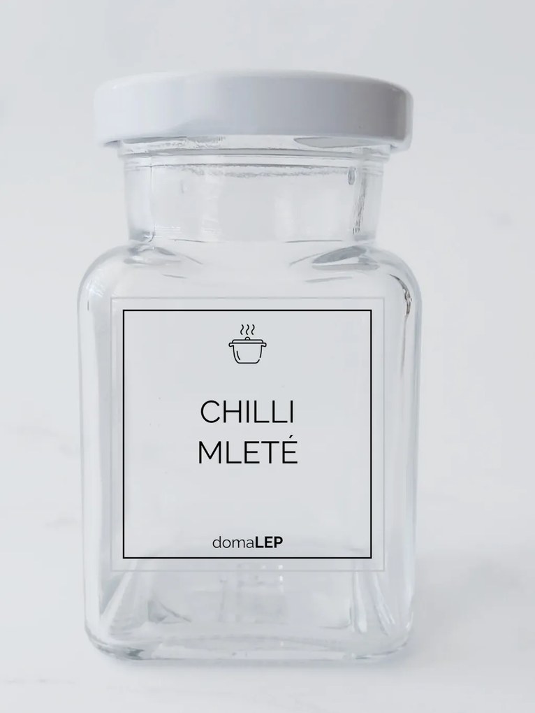 Samolepka na kořenky CHILLI MLETÉ průhledná 5 × 5 cm základní písmo