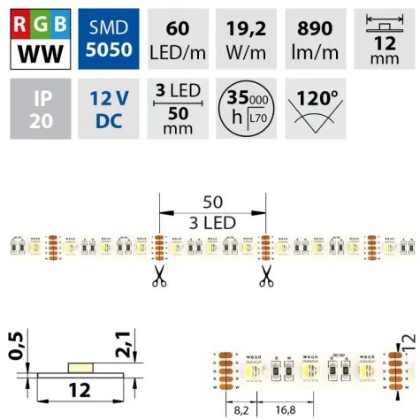 LED pásek McLED 12V RGBW WW teplá bílá 12mm IP20 19,2W/m ML-123.635.60.0 (5m)