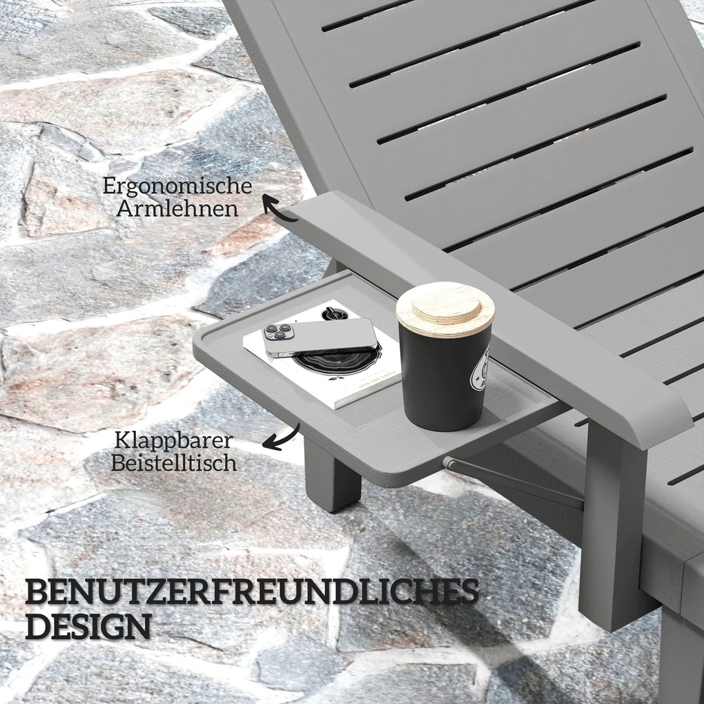 Lehátko Zahradní lehátko s postranním stolkem Lehátko s dřevěným vzhledem a opěradlem nastavitelným v 5 směrech Tmavě šedá barva