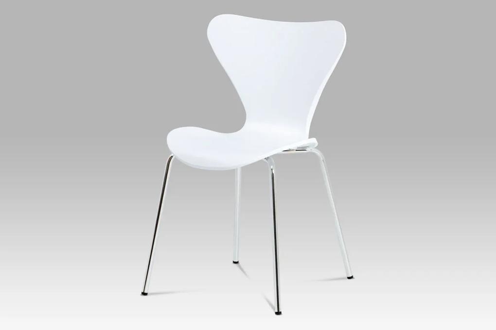 Jídelní židle, bílý plast s imitací dřeva / chrom