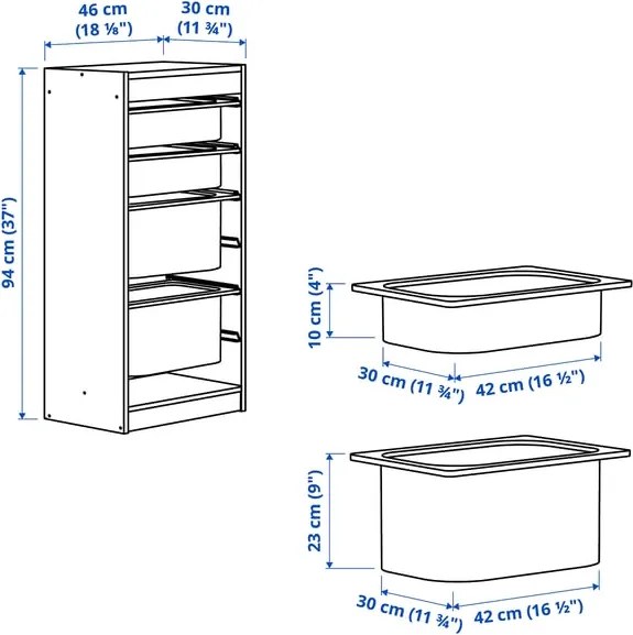 TROFAST Úlož. sestava s krabicemi, bílá bílá/jasně zelená, 46x30x94 cm