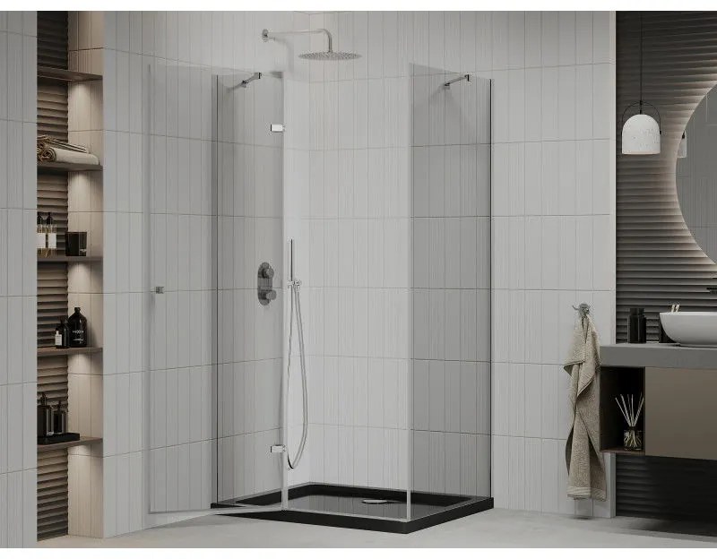 Mexen Roma, sprchový kout s křídlovými dveřmi 100 (dveře) x 80 (stěna) cm, 6mm čiré sklo, chromový profil + slim sprchová vanička černá + chromový sifon, 854-100-080-01-00-4070