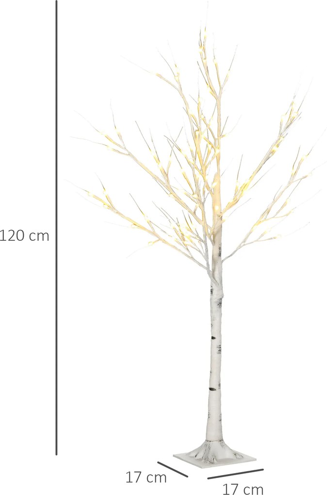 HOMCOM Umělý strom, umělá bříza, s LED osvětlením, teplá bílá, realistická bílá kůra, 17D x 17Š x 120V cm