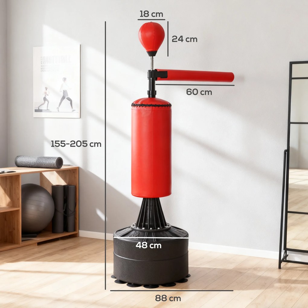 HOMCOM 3-dílná sada boxovacího pytle se stojanem, pumpou a rukavicemi 88 x 48 x 155-205 cm černá červená pro efektivní trénink boxu