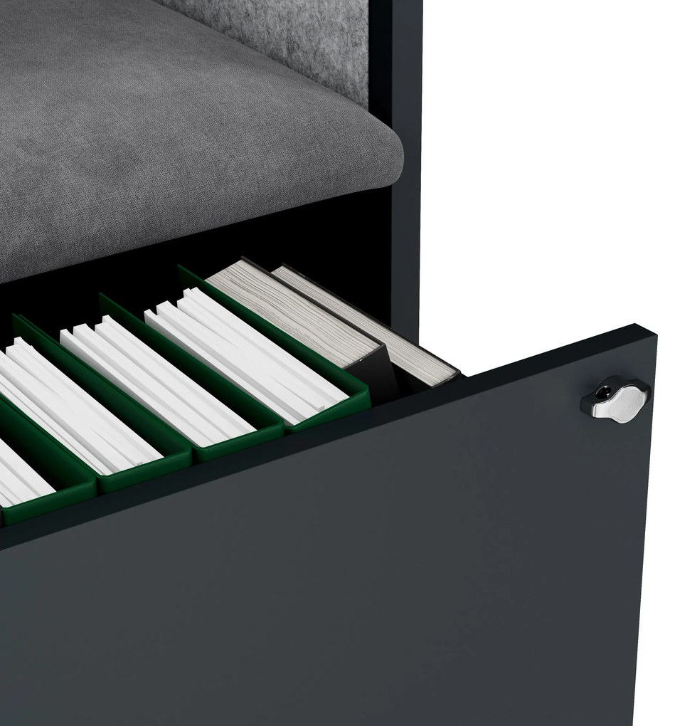 Kancelářská akustická kabina se sedátkem a USB-C portem, korpus antracitový / sedák šedá, 1150 mm: SALLY MentalBox