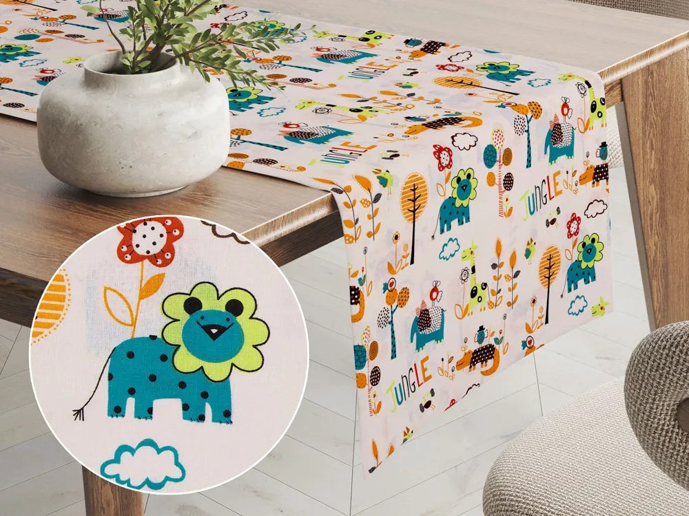 Biante Dětský bavlněný běhoun na stůl Sandra SA-008 Tyrkysová a oranžová zvířátka z džungle 35x160 cm