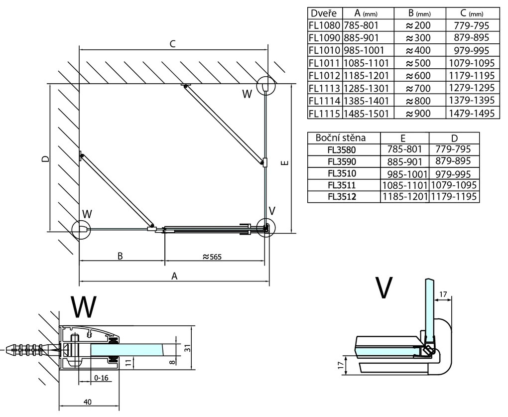 Polysan, FORTIS LINE sprchové dveře 1000mm, čiré sklo, levé, FL1010L