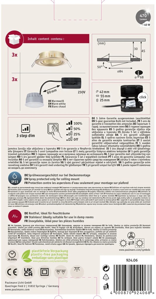 Paulmann 92406 LED Coin Nova round, set kulatých bodovek v matně zlaté úpravě, 3x6W LED 2700K tříkrokové stmívání, prům.8,4cm