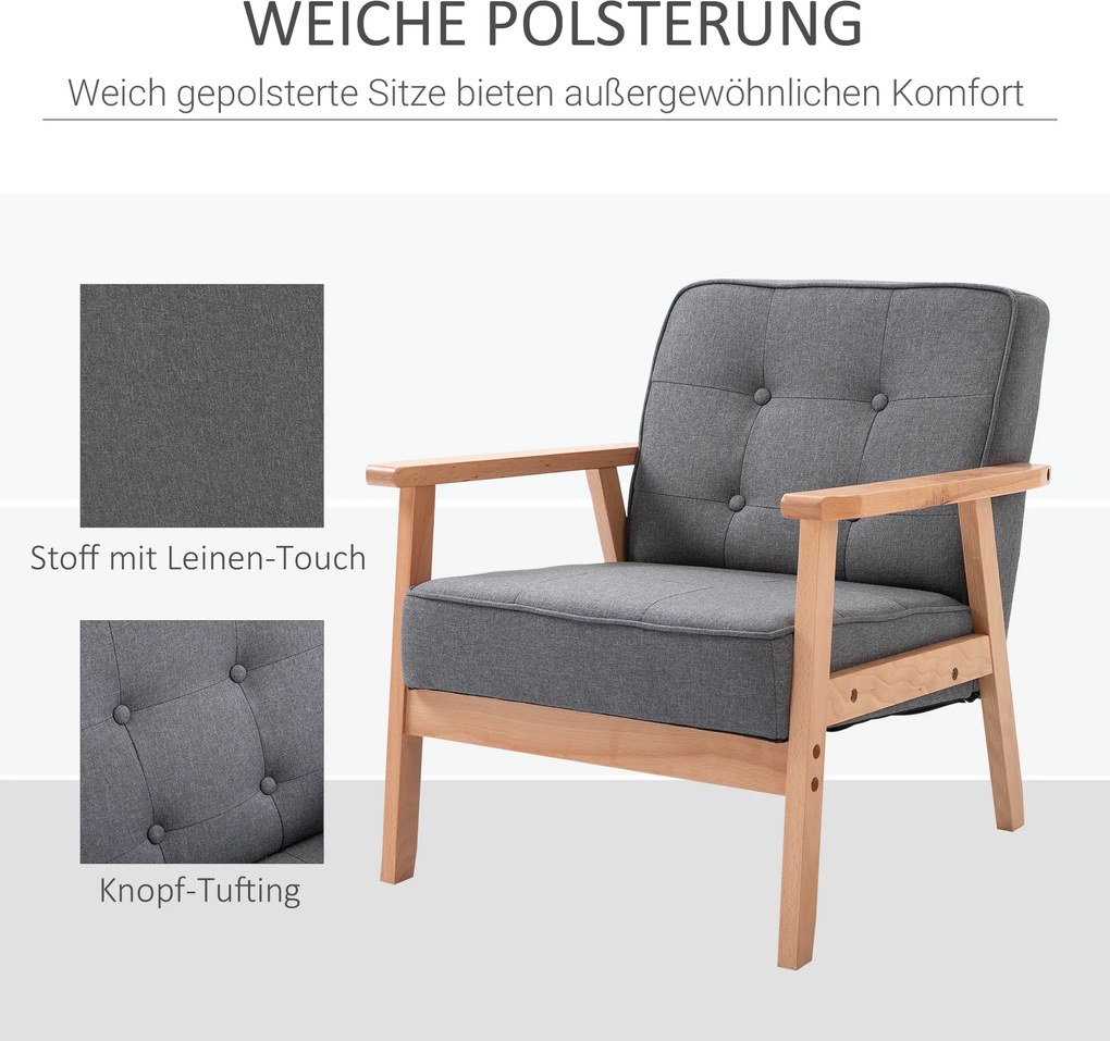 HOMCOM Samostatné Křeslo Lounge s Čalouněním a Dřevěným Rámem, Lněné Šedé 64,5 x 70 x 74 cm