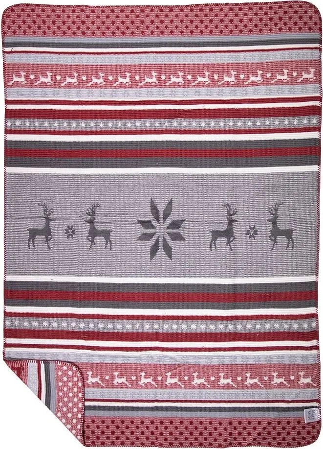 Šedo-červený pléd s jeleny Deer Nordic grey - 130*180*3cm