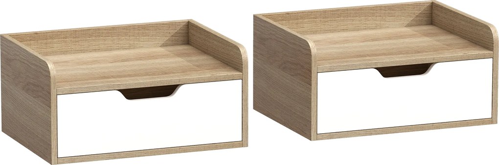 HOMCOM 2dílný set nástěnných nočních stolků, noční stolky se zásuvkou a poličkou s vyšším okrajem, 40x30x19,5 cm, přírodní dřevo