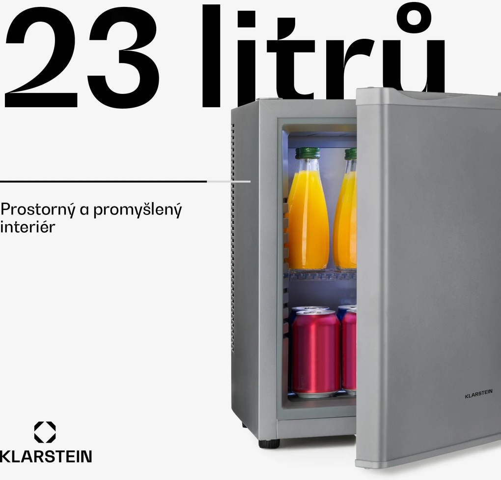 Klarstein Happy Hour 23, minibar, 23 l, 5-15 °C, energetická třída G, tichý, 25 dB, LED osvětlení, stříbrný