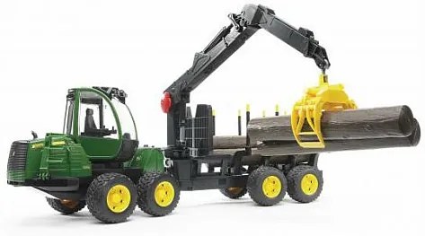 Bruder 02133 John Deere 1210E lesnický traktor s přívěsem nakládacím ramenem