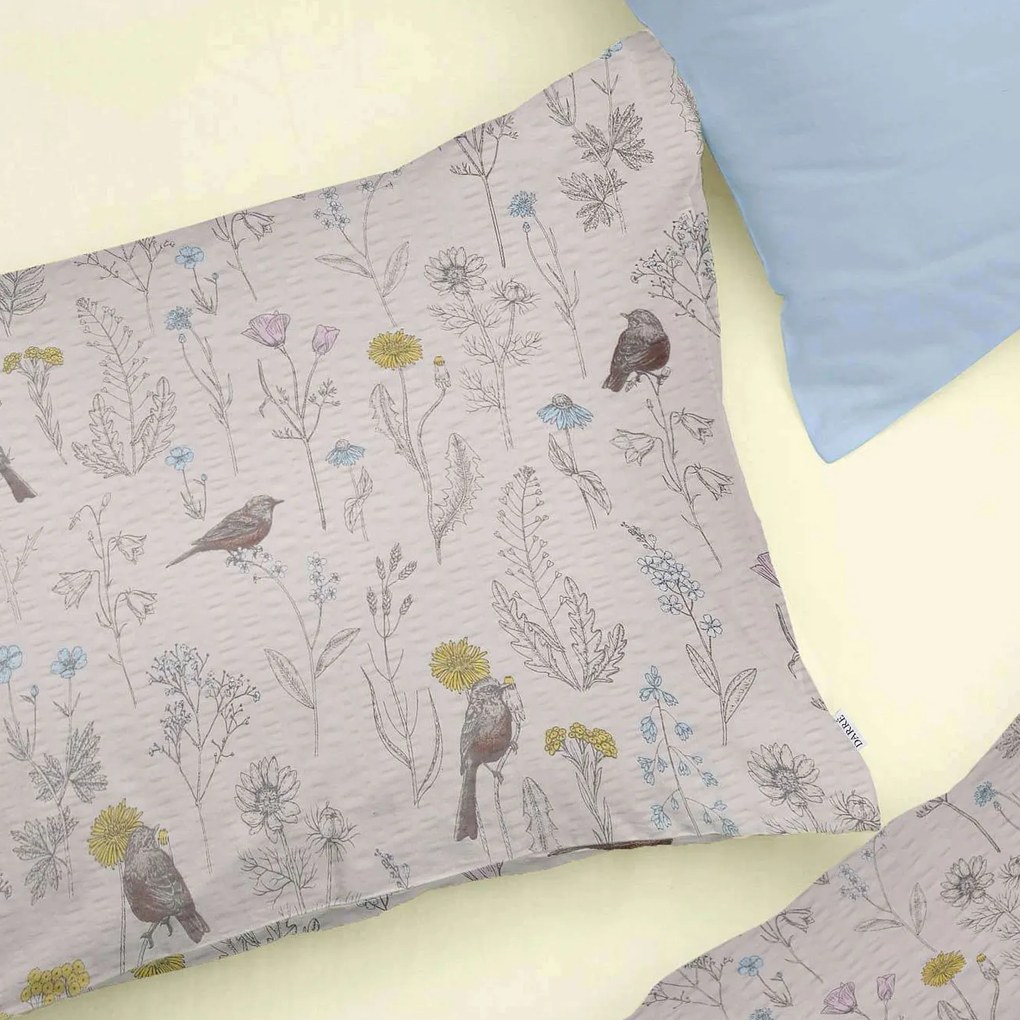Krepové prodloužené povlečení Ptáčci v kvítí - smetanové Velikost: 140 x 220 + 70 x 90