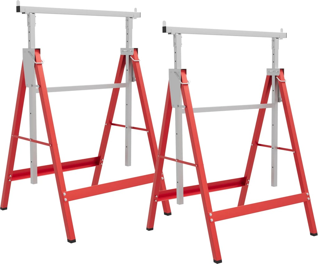 HOMCOM 2 x Skládací Trestle - Nastavitelná Výška až 200kg Ocel Červená 68 x 58 x 80-130 cm