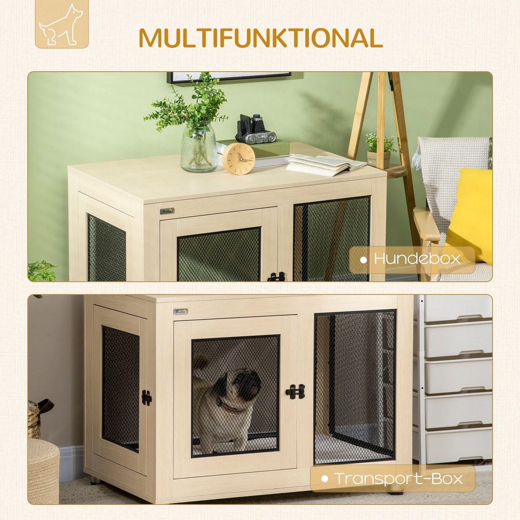 PawHut klec pro psy s polštářem 2 dveře klec pro psy a psí bouda pro malé a střední psy dub 94x60x71,5cm univerzální