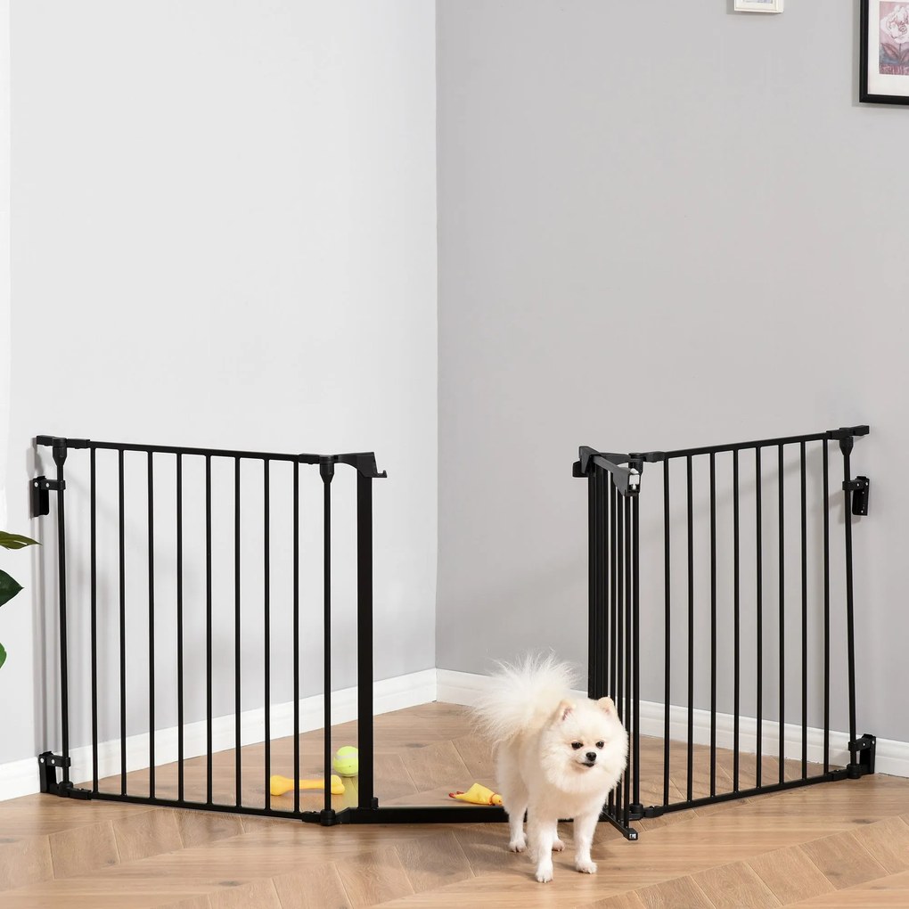 Skládací psí zábrana PawHut 180x74,5 cm s 3 panely a automatickým zámkem pro bezpečnostní bránu na schodiště a chodby - černá