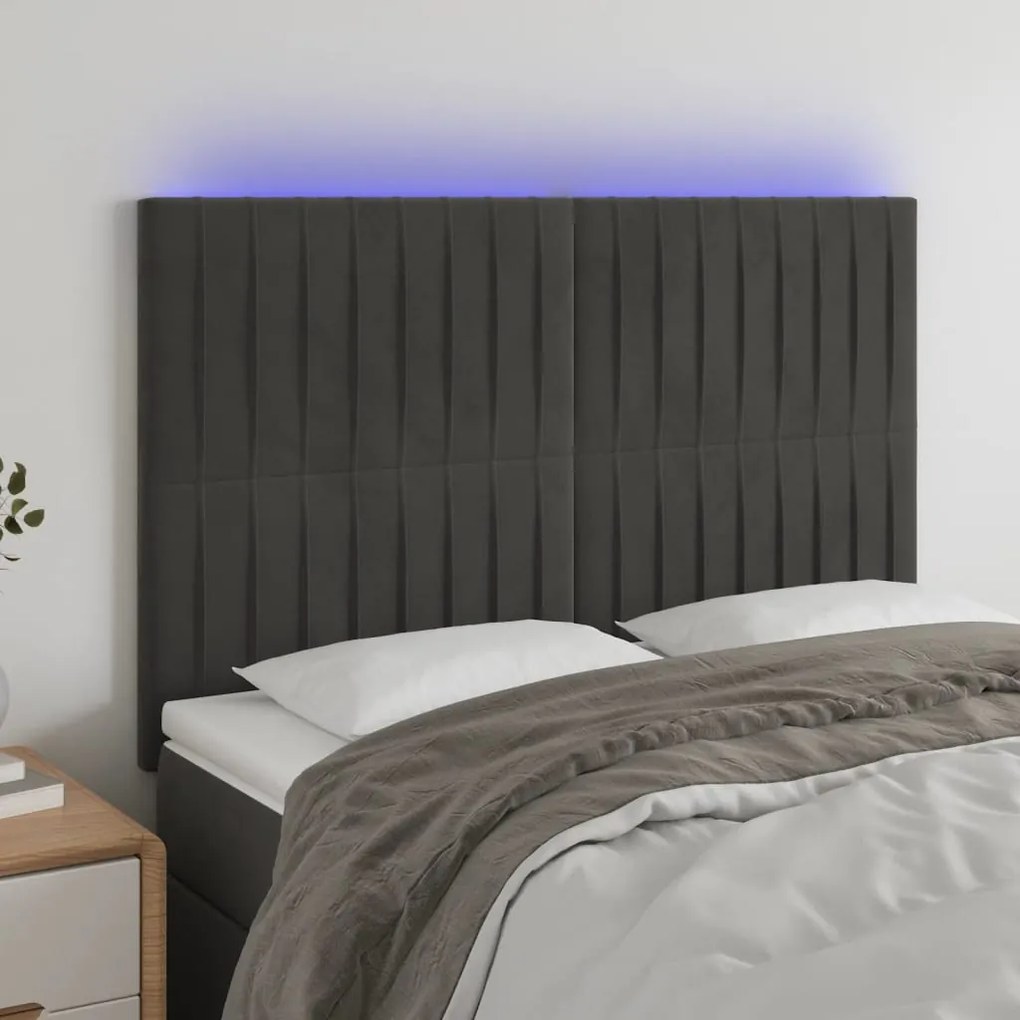 Čelo postele s LED tmavě šedé 144x5x118/128 cm samet 3122711